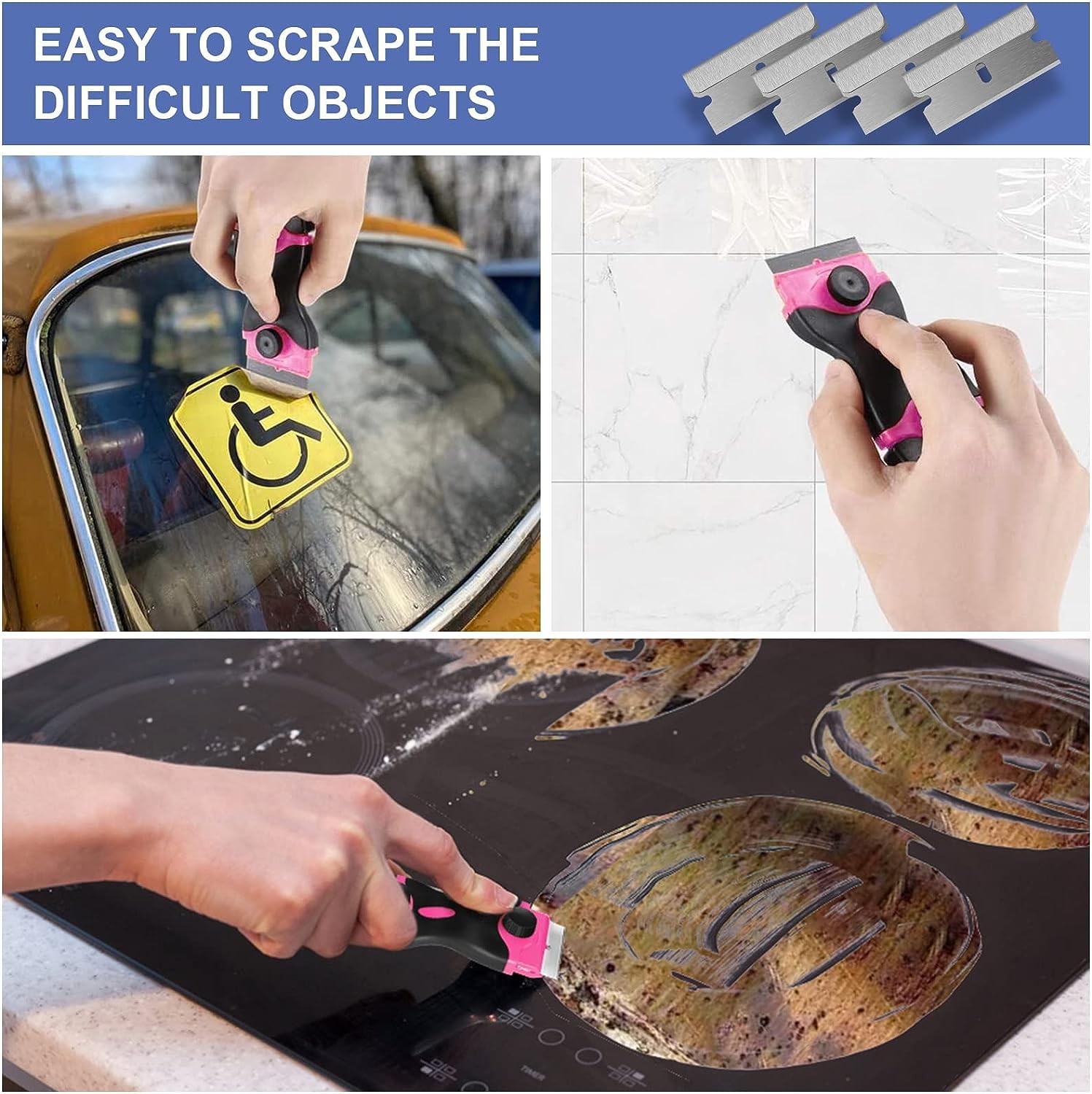 DEKEones Razor Blade Scraper, 2 Pack Double Edged Razor blade Scraper Tool with 30 Pcs Razor Blades, Glass Scraper for Windows, Decals, Tint, Stickers, Labels, Caulk, Adhesive(Pink)