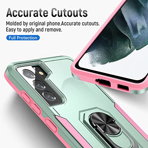 KSELF Galaxy S21 5G Case: Military-Grade Shockproof, Tempered Glass Protector, Ring Kickstand (Green & Pink)