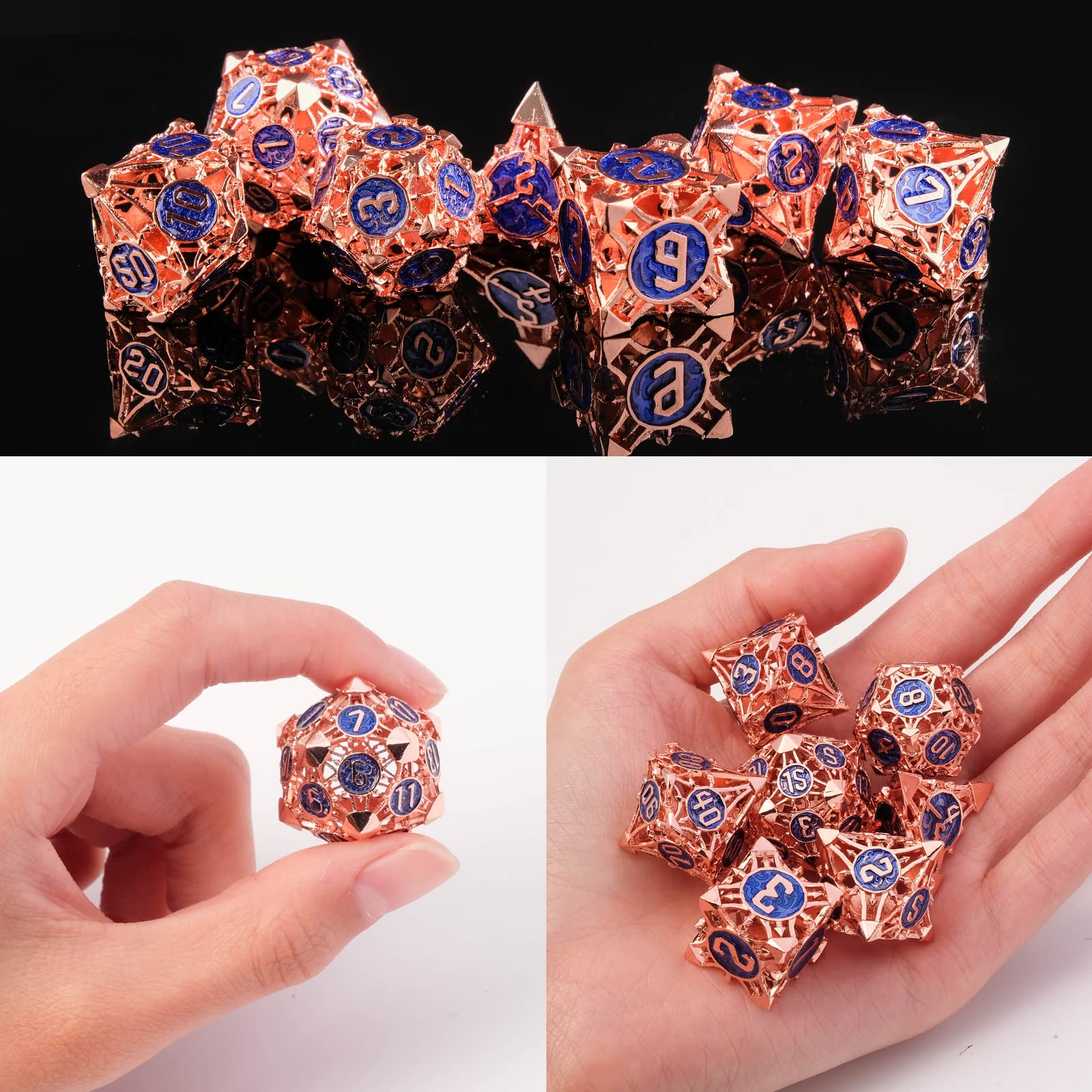 Cttasty DND Dice Set Hollow Metal Dice Set Handmade 7pcs Polyhedral Dice Set DND RPG MTG Role Playing Game Dice Set D&D Dice with Gift Case for DND Dungeons and Dragon (Bronze)