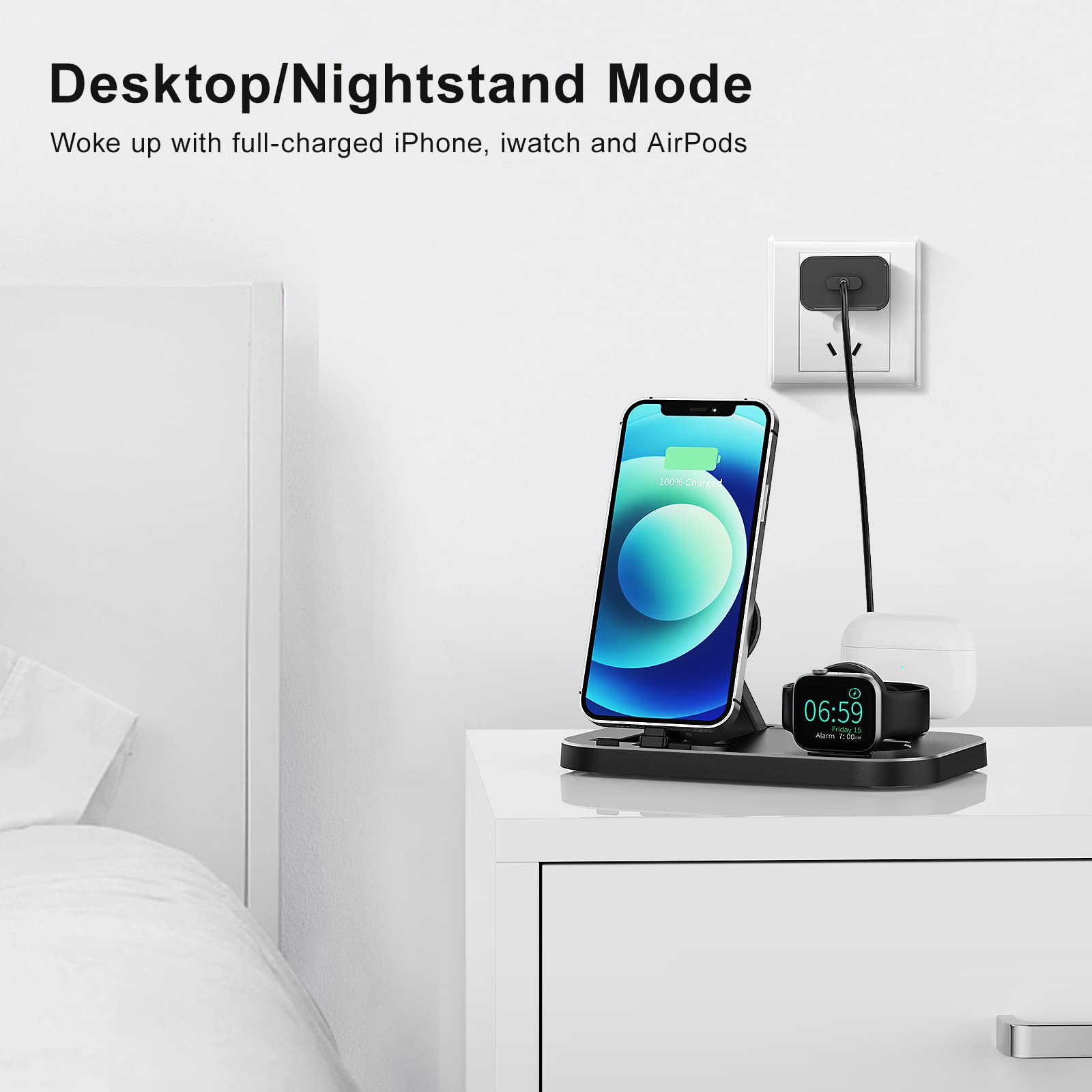 Charging Station for Multiple Devices Apple, 3 in 1 Charging Dock for iPhone/AirPods Series, Portable Charging Stand for iWatch Series 8/Ultra/7/6/5/4/3/2/1/SE(with 15W Adapter and Cable) Black