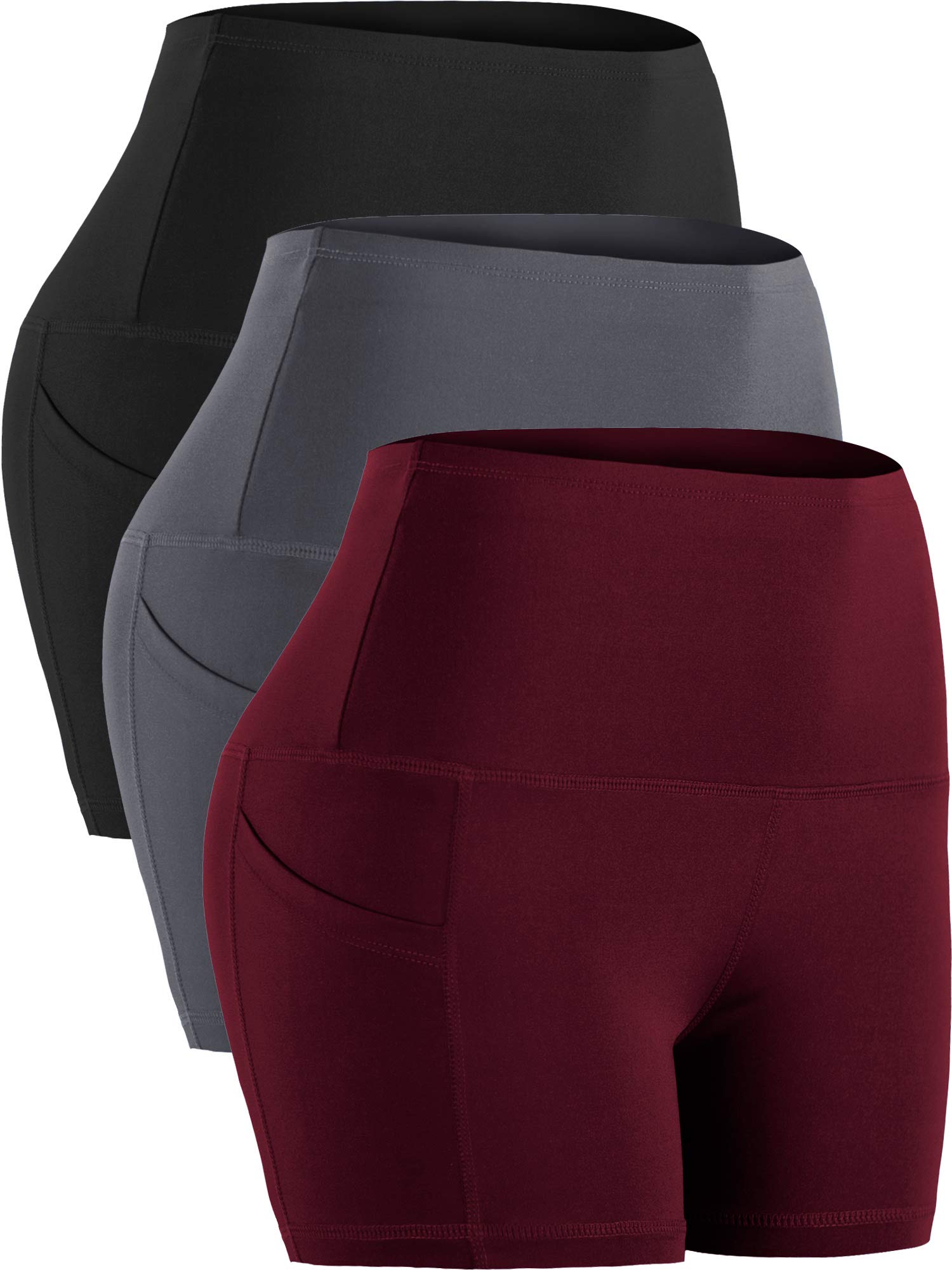 CADMUS High Waist Athletic Shorts for Womens Yoga Fitness Workout Running Shorts with Deep Pockets,3 Pack,1016,Black & Grey & Wine Red,Large