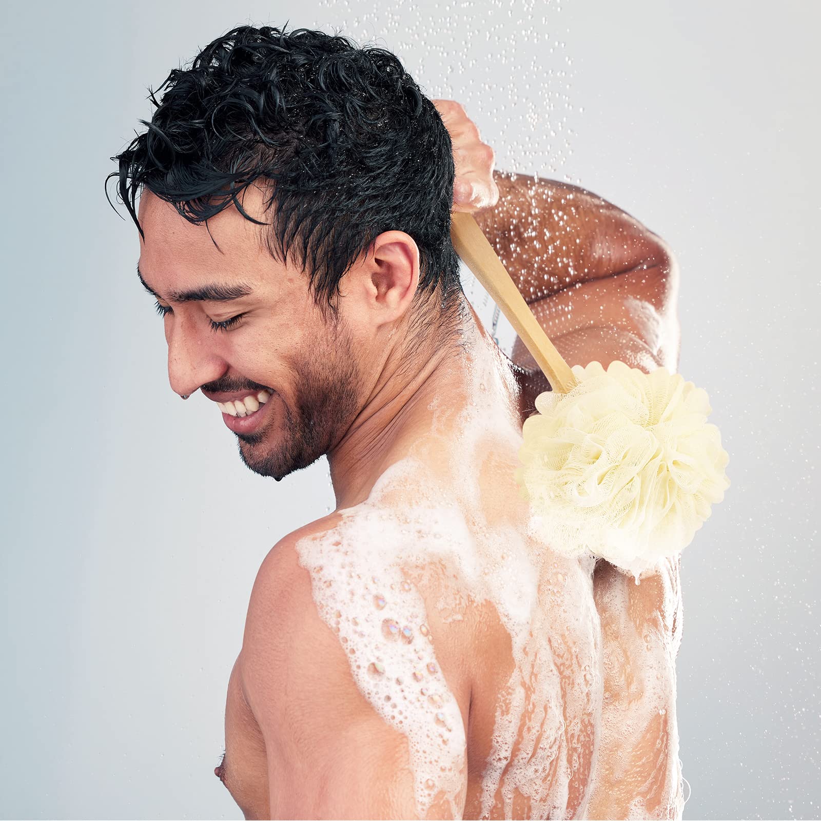 D Loofah on a Stick, Exfoliating Lufa Back Scrubber for Shower, Shower Sponge with Long Handle, Handheld Bath Body Brush for Men and Women, Beige