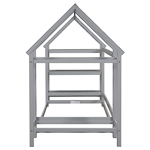 DEYOBED Gray Twin House Floor Bed with 2 Removable Stands - Unique House Design for Kids