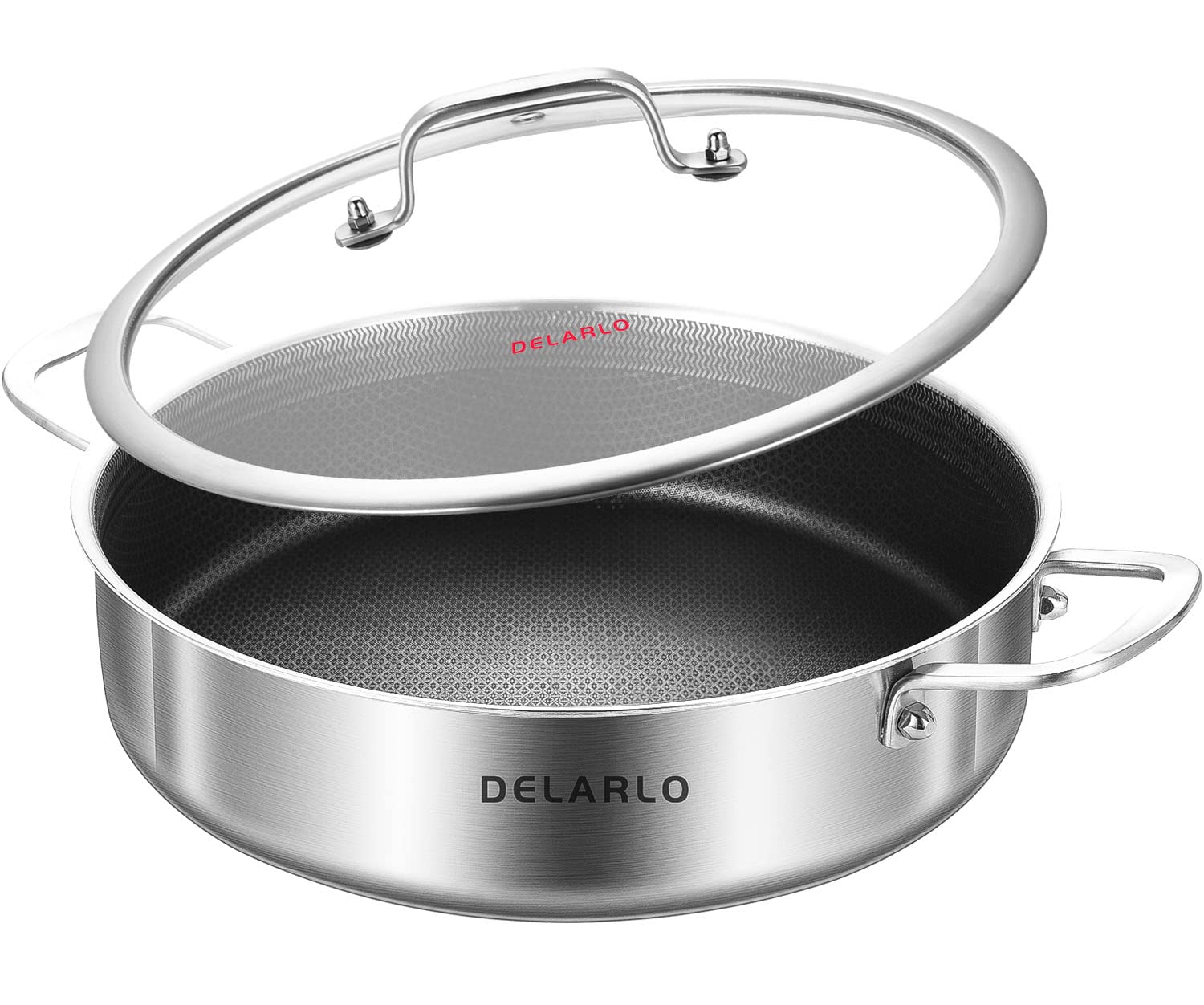 DELARLO Tri-Ply Stainless Steel Saute Pan 6 Quarts Deep Frying Pan, 12 inch Induction Compatible Chef Cooking Pan, SautƩ Pan with lid, Dishwasher & Oven Safe