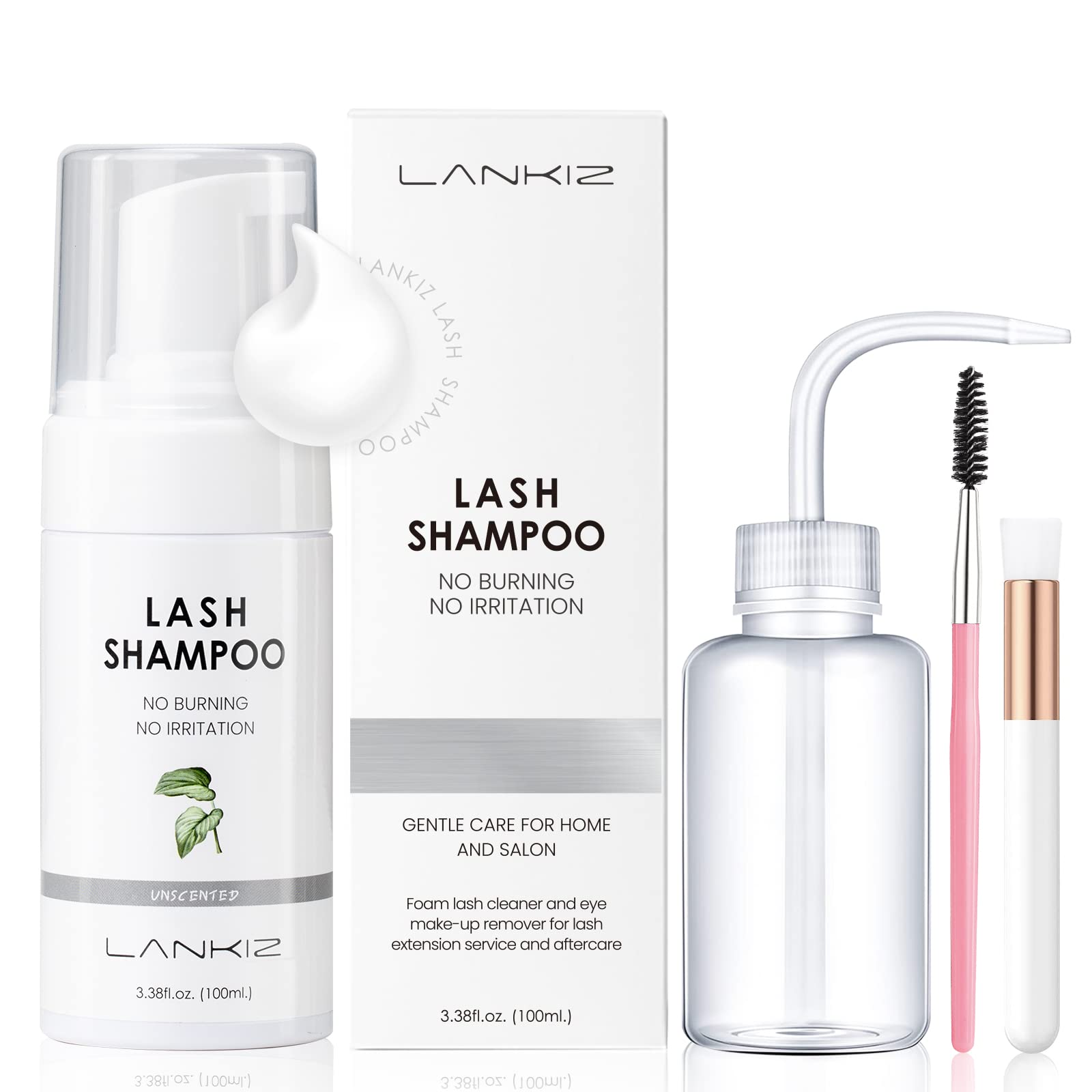 LANKIZ Eyelash Extension Shampoo,+2 Brush,Sensitive Eyelid Foam Lash Cleanser For Extension,Deep Clean Eyelash,Makeup& Mascara Remover& Spa, Professional & Self Use (100ml//Unscented/)