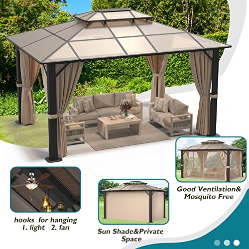 Binplax Hardtop Gazebo Polycarbonate Double Roof Canopy Curtains Aluminum Frame with Netting for Garden, Patio,10' ×13'