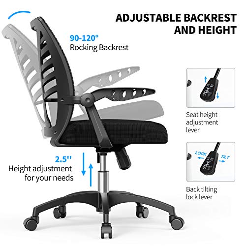 Ergonomic Office Chair, Mid Back Mesh Computer Desk Chair with Lumbar Support, Flip-up Arms, Adjustable Backrest, Swivel Comfortable Task Chair for Teens, Women, Adults,Black