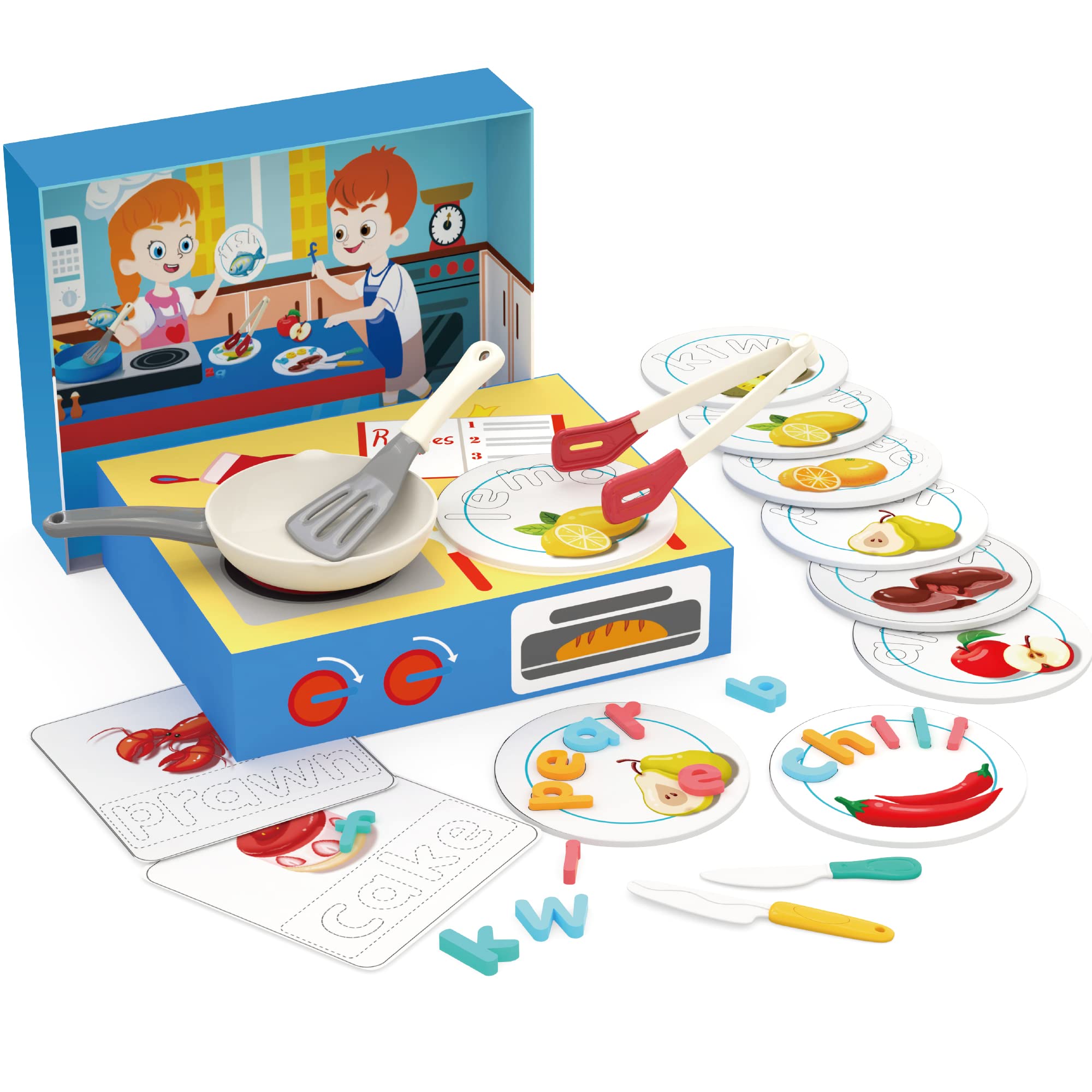 iPlay, iLearn Kids ABC Learning Educational Toys, 2-in-1 Toddler Match Letter Cards & Pretend Kitchen Cooking Food Play Set W/Fruit Vegetable, Christmas Preschool Gifts for 3 4 5 6 Year Old Boy Girl
