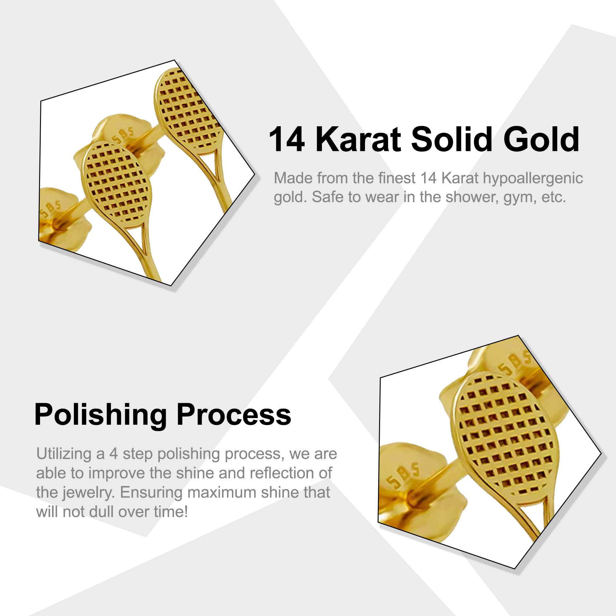 Charm America - Gold Tennis Racquet Racket Earring - 14 Karat Solid Gold - Gold Tennis Sport Earring