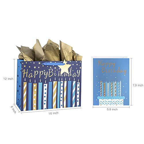 MAYPLUSS 16" Birthday Large Gift Bag with Greeting Card and Tissue Paper for Birhtday - Blue Gold Foil Candle Design