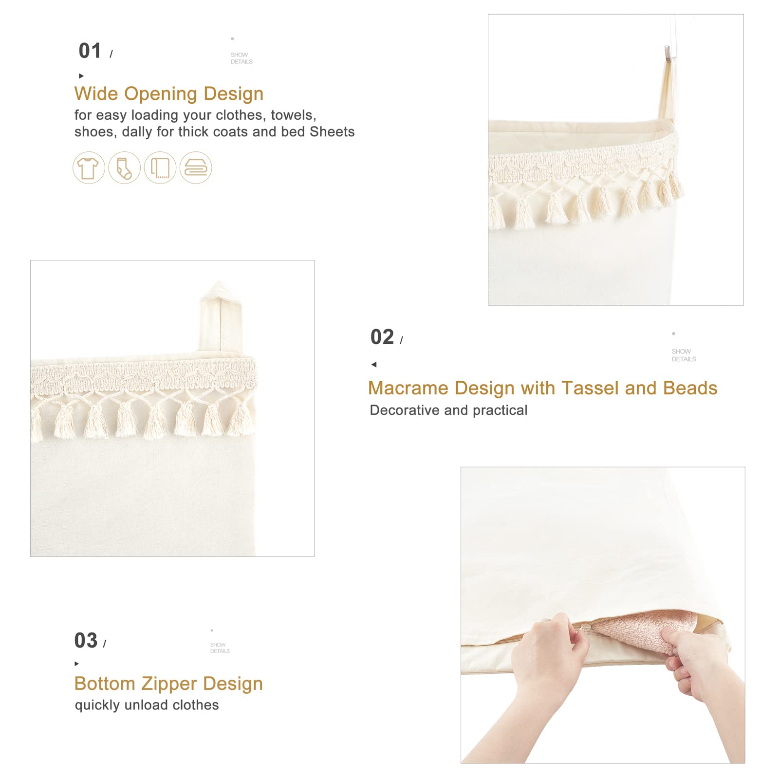 Dahey Over The Door Organizer with 4 Pockets and Macrame Hanging Laundry Hamper Bag Boho Door Storage for Pantry, Closet, Nursery, Bathroom, Bedroom, Dorm, White