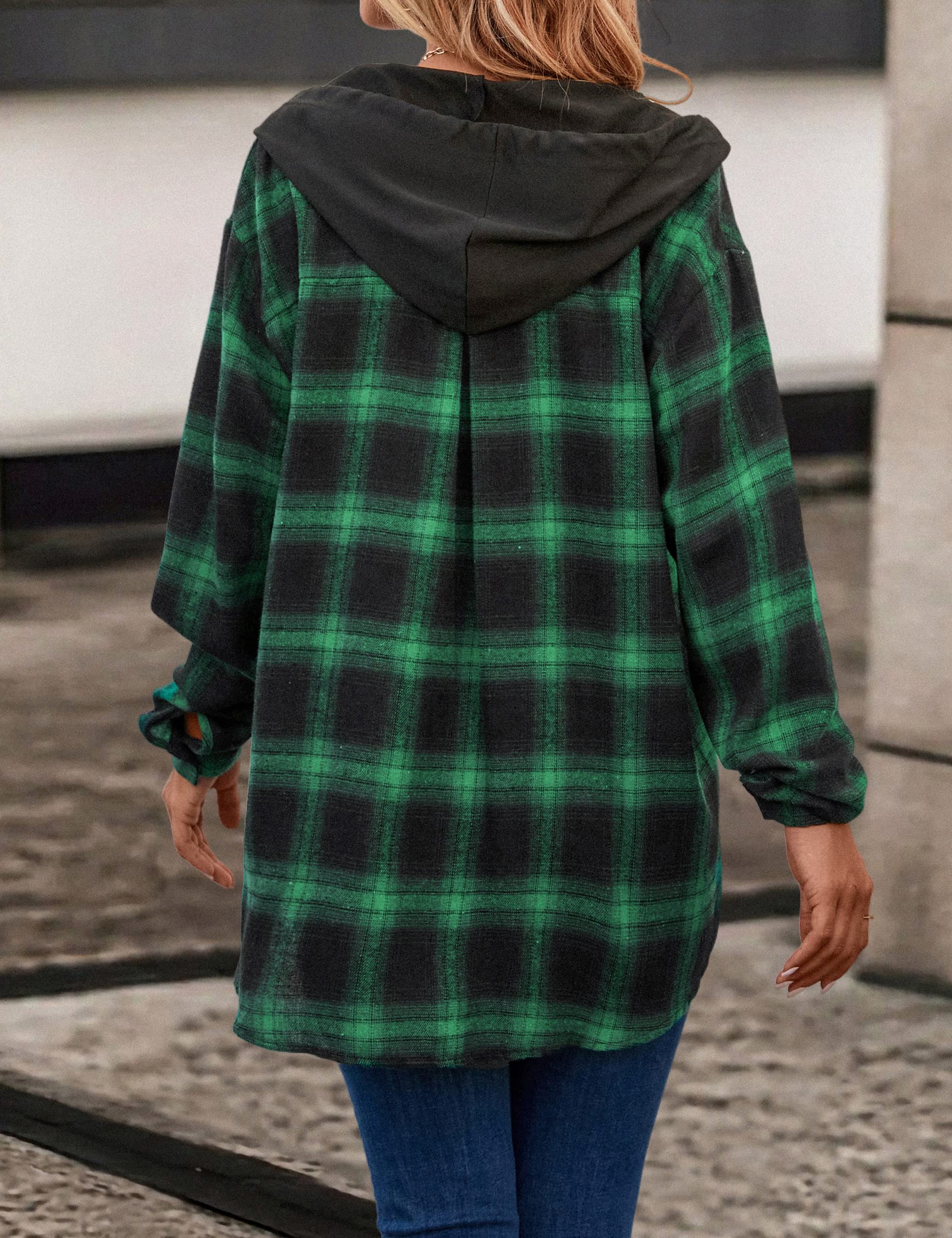 Blooming Jelly Women's Flannel Shirts Plaid Shacket Oversized Button Down Shirt Hooded Long Sleeve Tops 2023 Fall Winter Outfits (Black Plaid,Large)