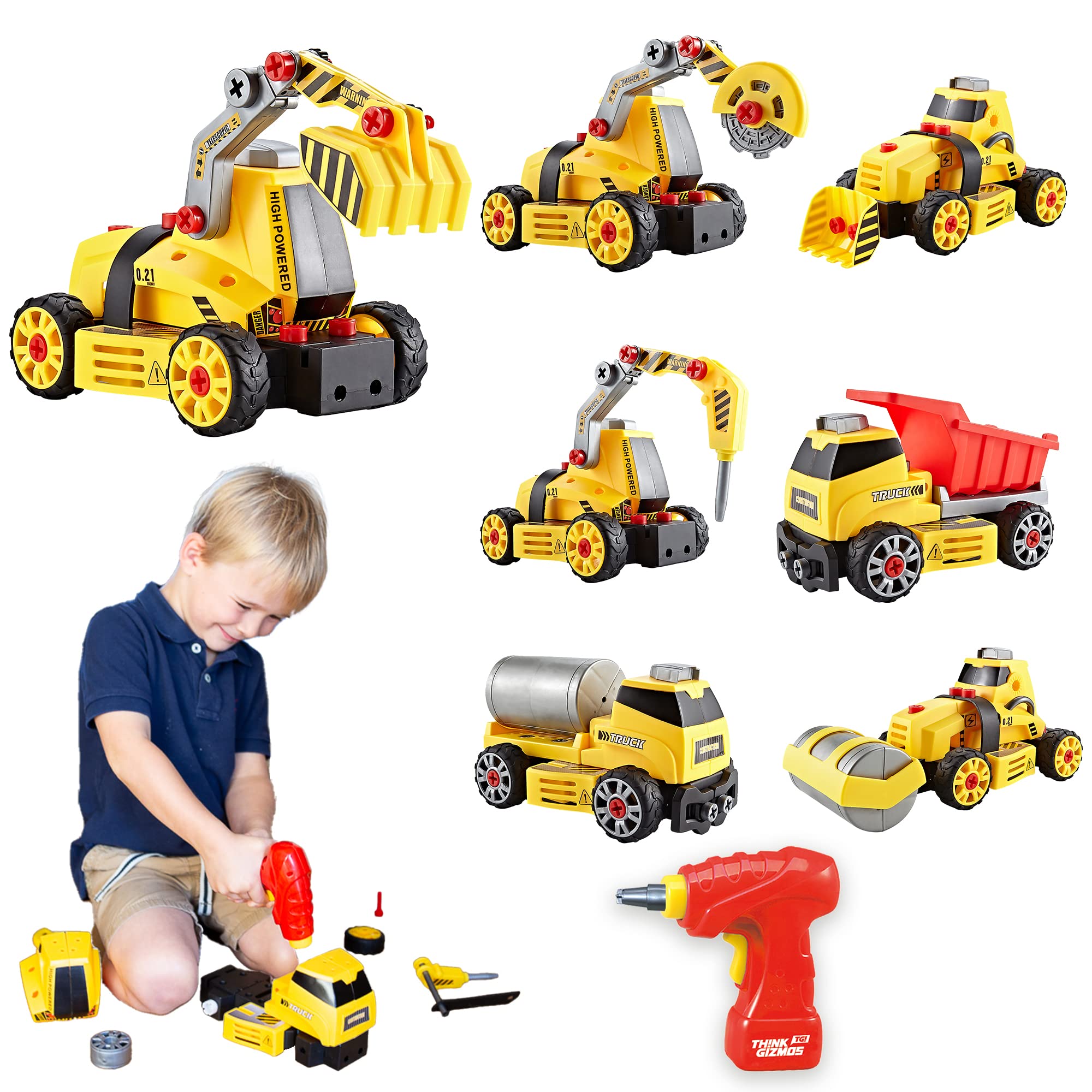Think Gizmos 7 in 1 Take Apart Truck Car Toys with Electric Drill,Educational Toy Ideal Gift for Boys or Girls Age 3 4 5 6 7 STEM Construction Engineering Learning Toys Building Play Set for Kids