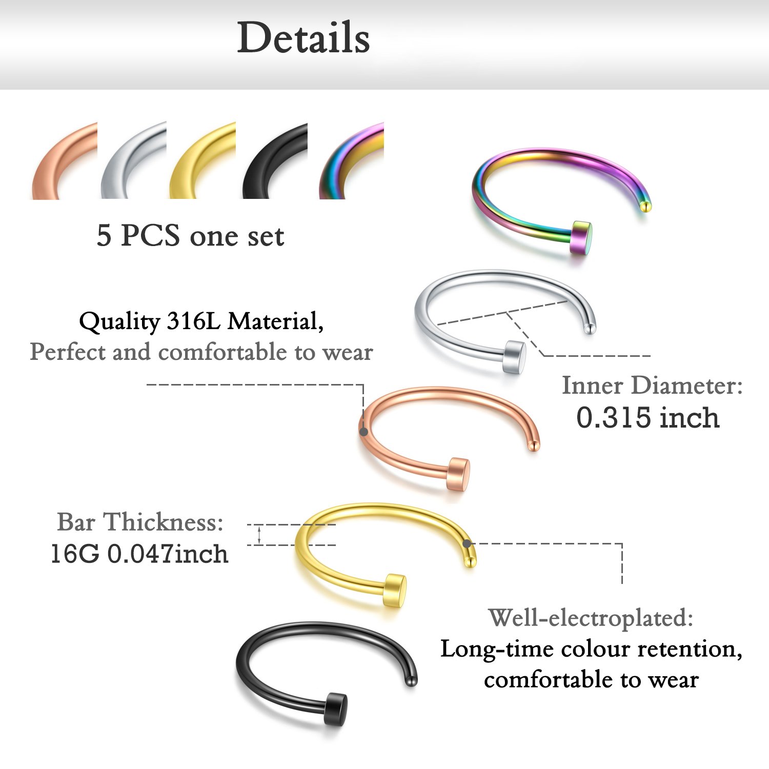 Incaton Nose Ring, 16PCS 316L Surgical Stainless Steel Body Jewelry Piercing Nose Hoop Ring and L Shaped Ring