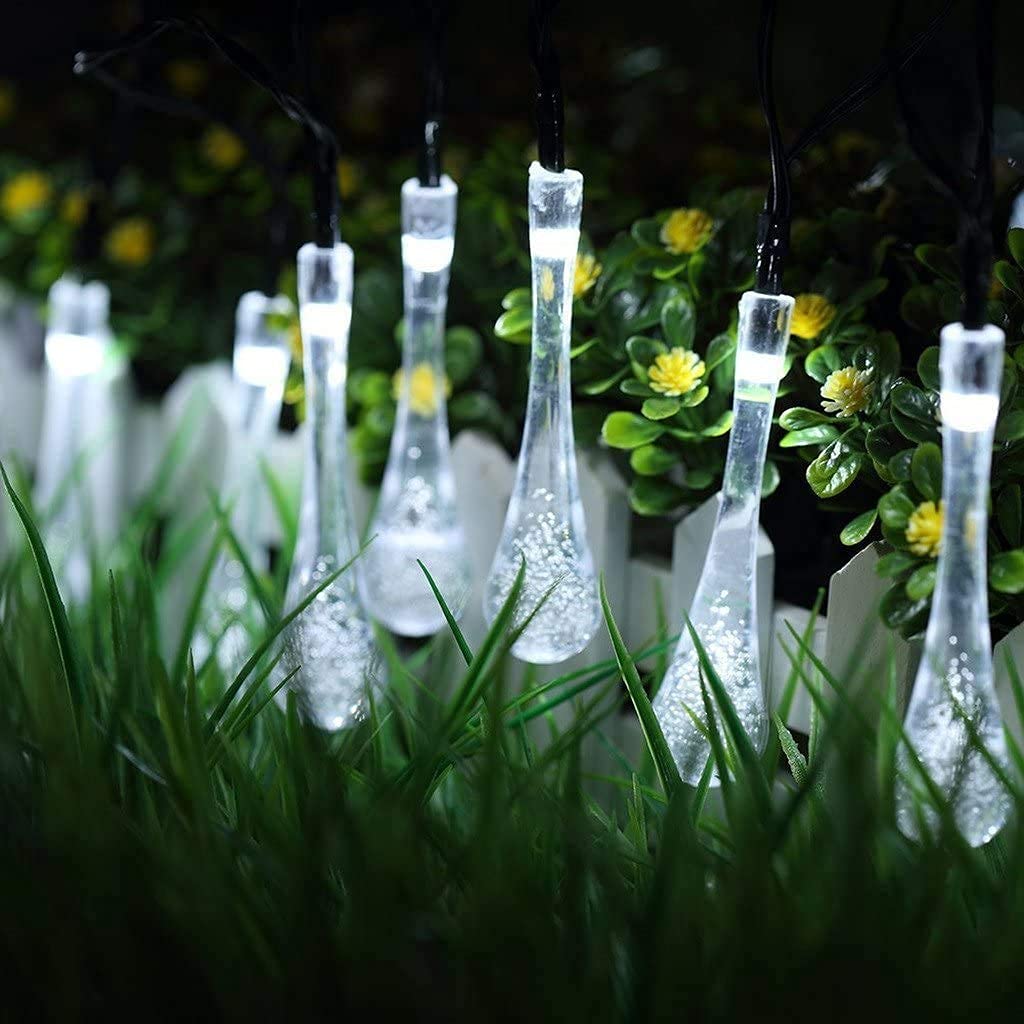 iShabao Solar String Lights, 50 LED Advanced Water Drop Solar Fairy String Lights Outdoor Waterproof, 8 Modes Solar Lights for Patio, Lawn, Home, Garden, Wedding, Party Decorations (White)