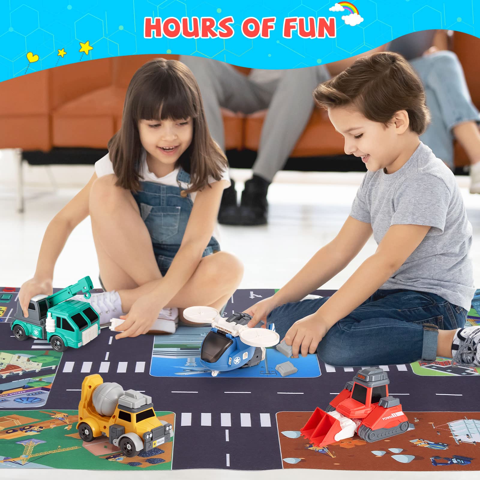 ThinkMax Transform Toys for 3 4 5 6 7 8 Year Old Boys, Robot Toys for Kids 3-5 5-7, 4 Magnetic Construction Trucks Vehicles w/Play Mat, Birthday Gift for Boy, 32 Pieces