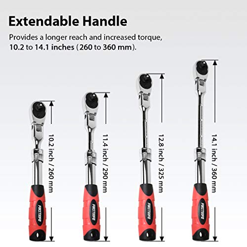 FIRSTINFO F3222NC 3/8-Inch Drive Locking & Flexible Extendable Ratchet Wrench Reversible, Soft-Grip with 72-Tooth Geared Action (Length: 10.2 to 14.1 inches)