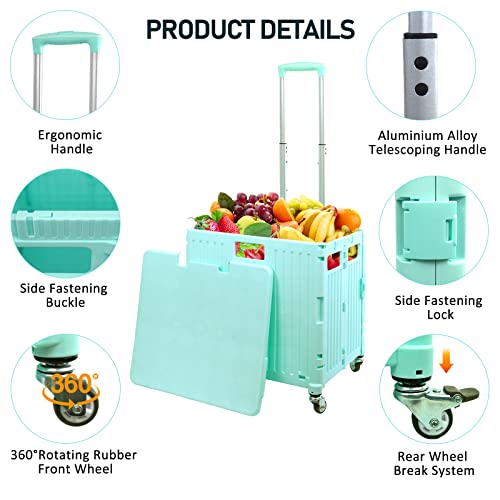 Foldable Utility Cart,Heavy Duty 4 Wheels Rolling Carts,Collapsible Crate Shopping Cart with Wheels Rolling Tote Basket Teacher Cart with Lid,Travel Shopping Moving Storage Office Use(Green)