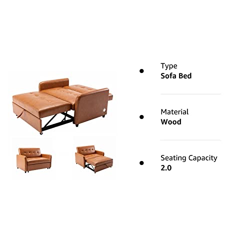 Gynsseh Sleeper Loveseat Pull Out Bed, 3-in-1 Convertible Sleeper Sofa Bed with Dual USB Ports, Faux Leather Adjustable Pull Out Loveseat Sleeper for Living Room Bedroom S2-brown