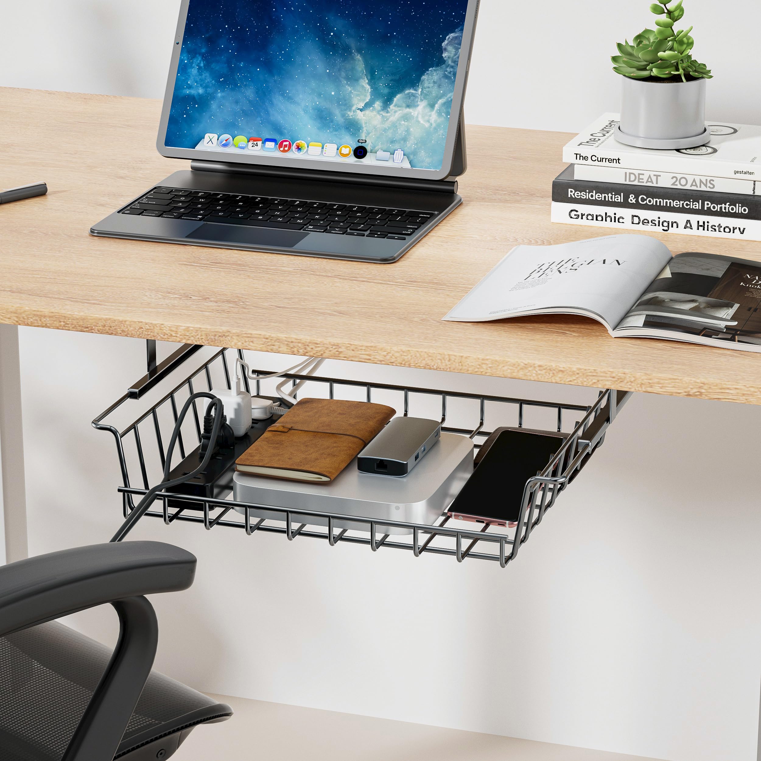 BIWIST Under Desk Storage Shelf 1 Pack, Under Desk Cable Management Slide Out, Metal Under Desk Drawer Tray Basket, Large Drill Under Desk Cord Organizer And Under Table Storage For Home Offices