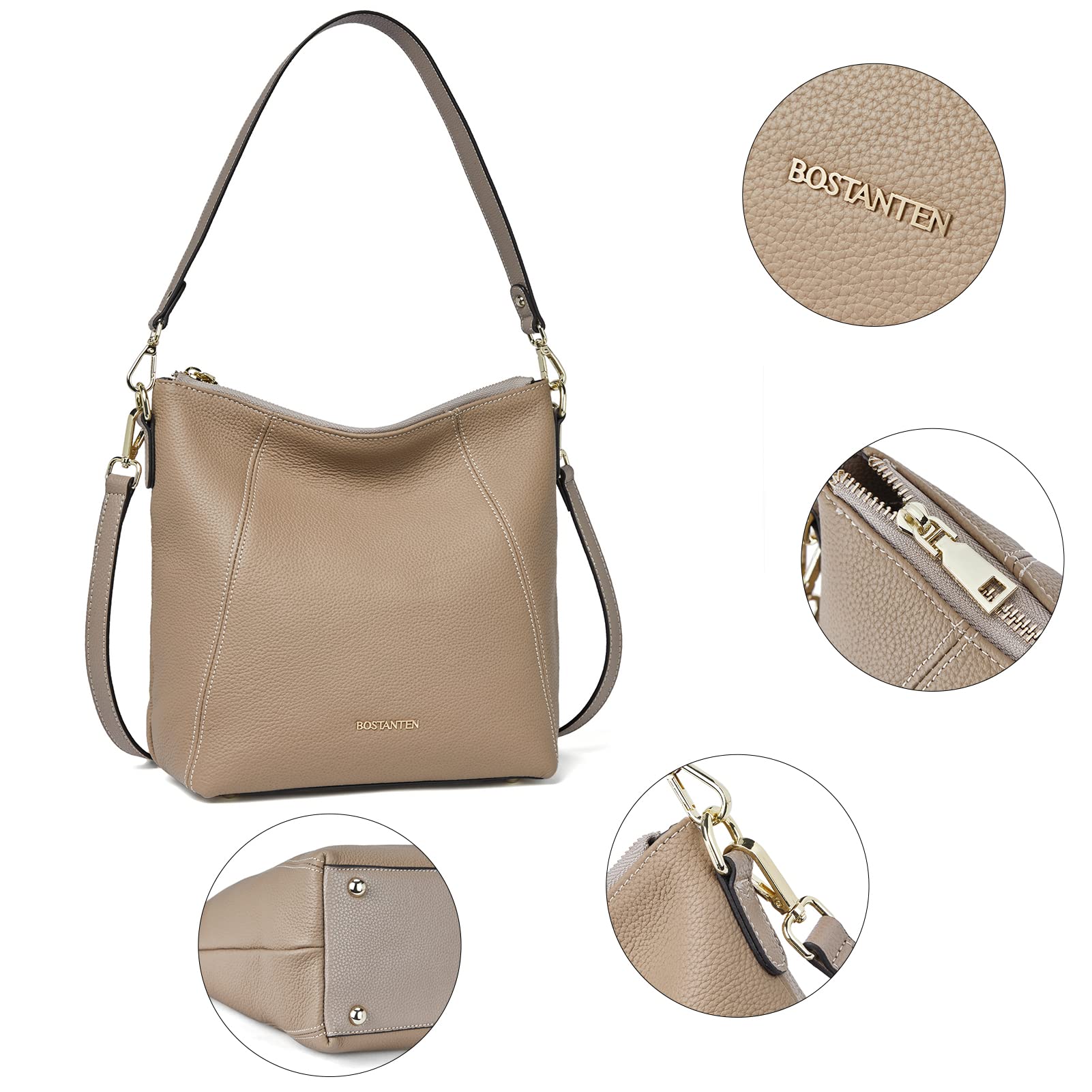BOSTANTEN Leather Hobo Handbags Designer Purses for Women Shoulder Crossbody Bags Beige