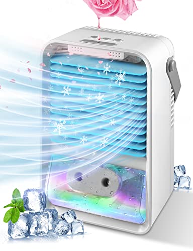 Portable Air Conditioner Fan, Personal Space Air Cooling Fan for Home Office Room, Personal Evaporative Cooler & Humidifier, with Handle/LED Light/Humidifier, for Small Room/Dorm/Bedroom/Camping