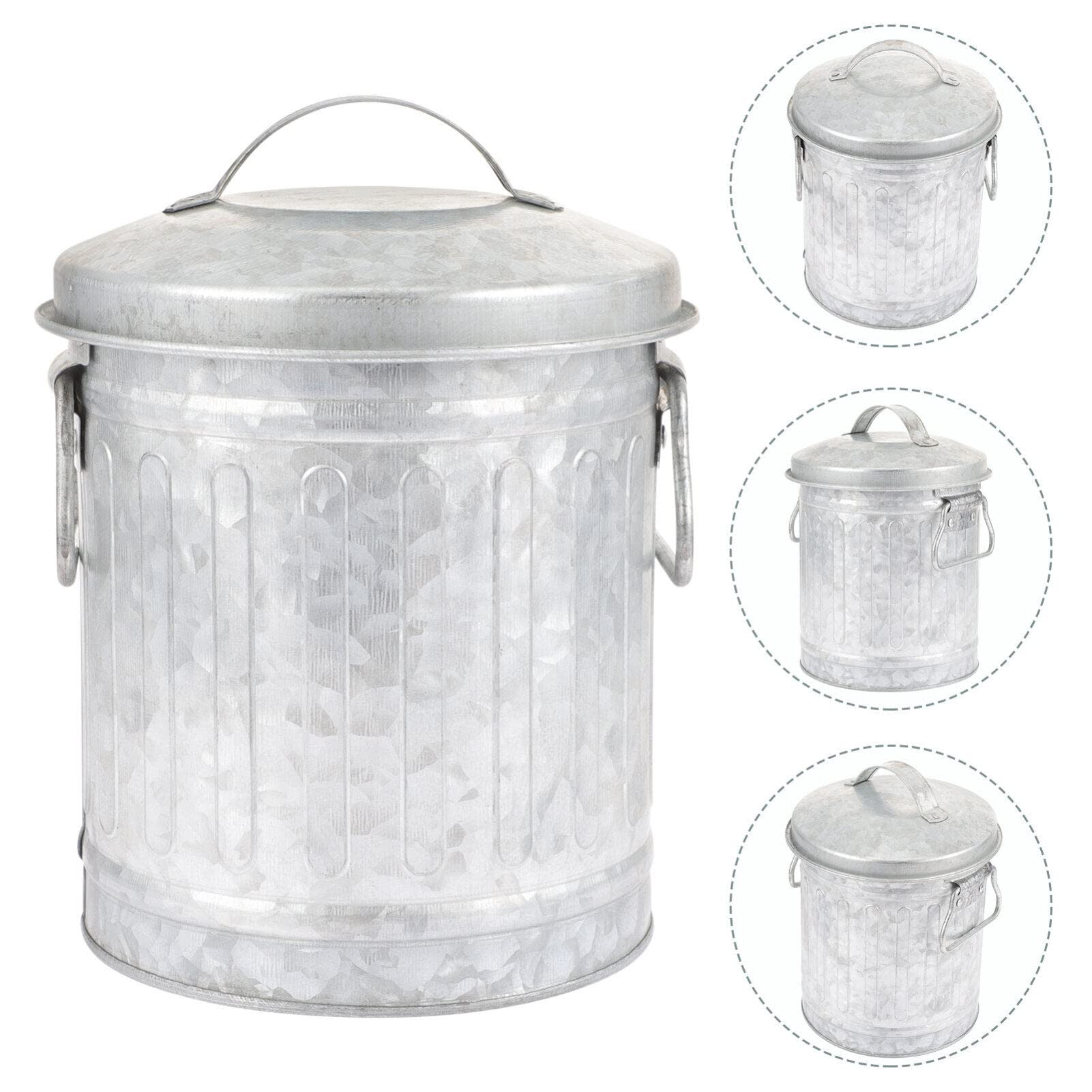 DIYEAH Mini Galvanized Trash Can with Lid, Mini Desktop Wastebasket Small Metal Buckets Metal Rubbish Bin Garbage Can Flower Pot Pen Holder for Kitchen Countertop A