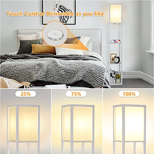 FOLKSMATE Touch Control Shelf Floor Lamp, Modern Dimmable LED Standing Lamps with Shelves, 2 Fast Charging USB Ports and Power Outlet, Wood Tall Light for Living Room, Bedroom, Bedside,White