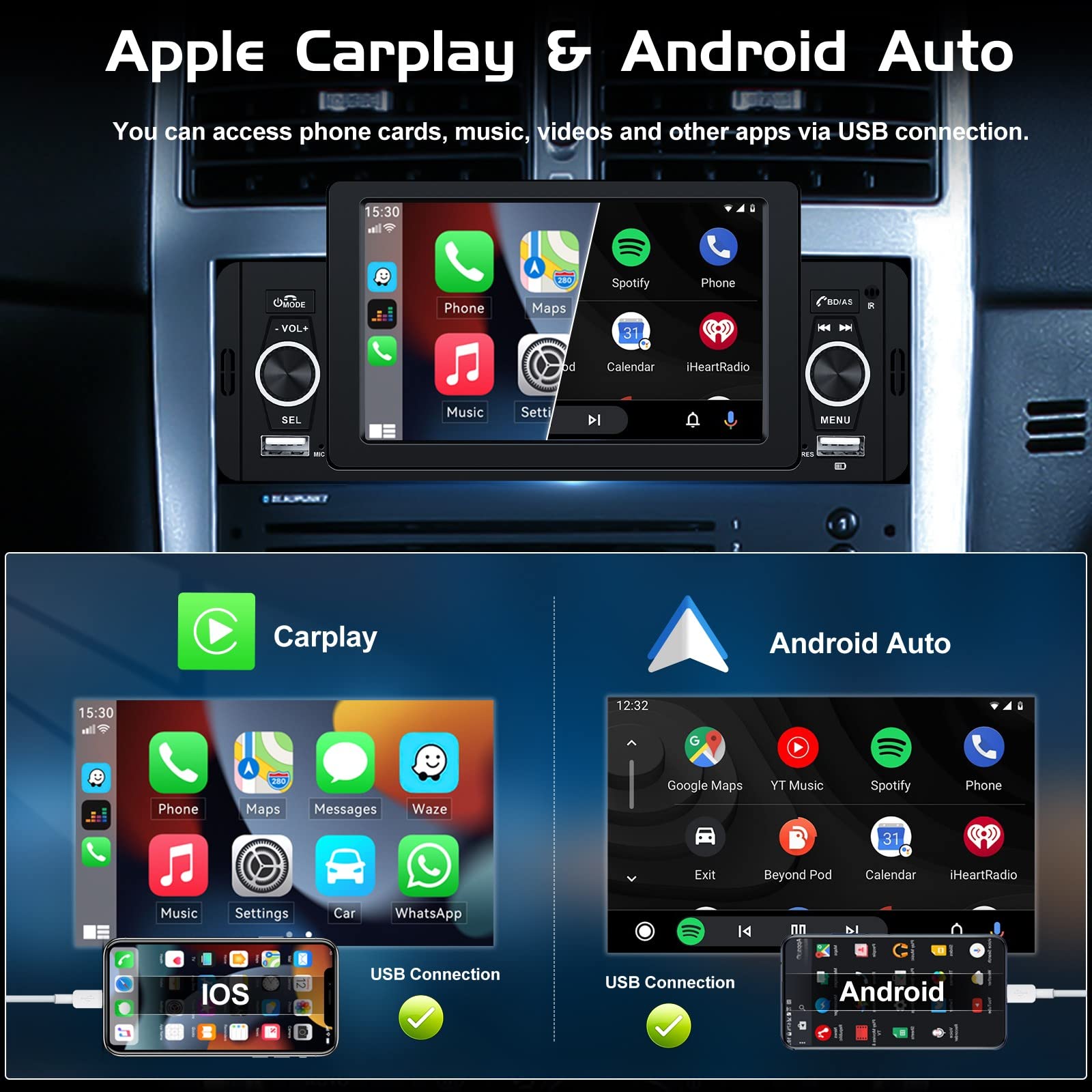 CAMECHO Single Din Car Stereo with Apple Carplay Android Auto, 5 Inch HD Touchscreen Radio Bluetooth FM, Mirror Link, Backup Camera Input, Remote Control, Fast Charging, USB Input, Car Audio