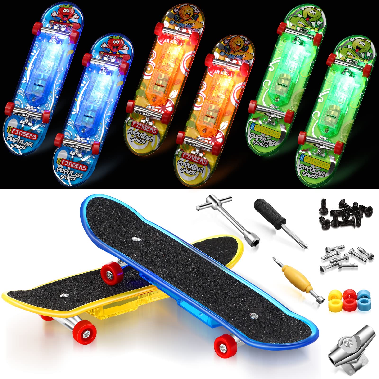 Civaner 20 Pack Fingerboard Kit DIY Mini Finger Skateboards Finger Skateboards for Kids Mini Finger Toys with 6 Pcs Installation Tools Brackets and Fingerboard Wheels for Skate Lovers (LED Style)