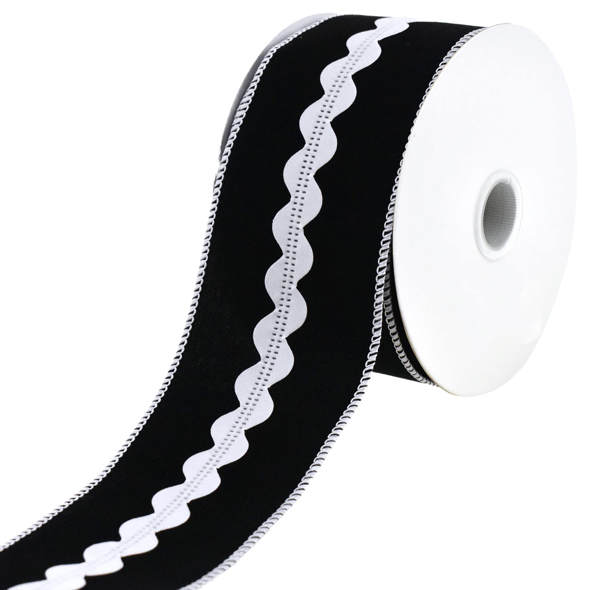 Black and White Christmas Velvet Rickrack Center Wired Ribbon, 2-1/2-Inch Buy from Tchoice