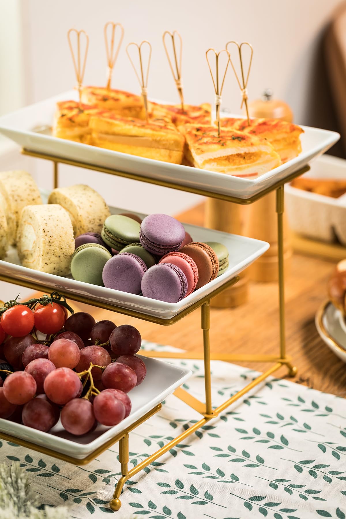 LAUCHUH 3 Tier Serving Stand Porcelain Serving Platter Tier Serving Trays with Collapsible Sturdier Rack, Serving Dishes and Platters for Thanksgiving, Christmas, Entertaining, Gold, 12 Inch