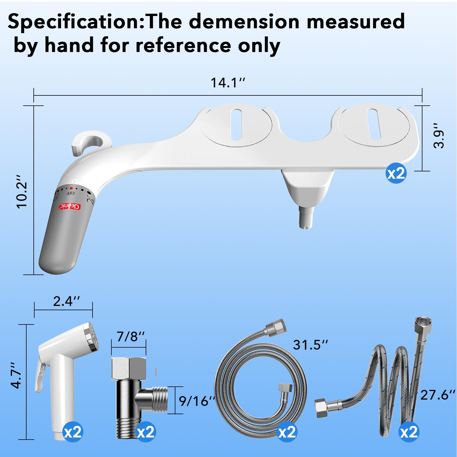 DEANIC 2-in-1 Bidet Attachment with Handheld Bath Bidet Sprayer, Ultra-Slim Adjustable Water Pressure Nozzle, Cold Water Non Electric Hand Sprayer for Toilet Seat (White, 2 Pack)