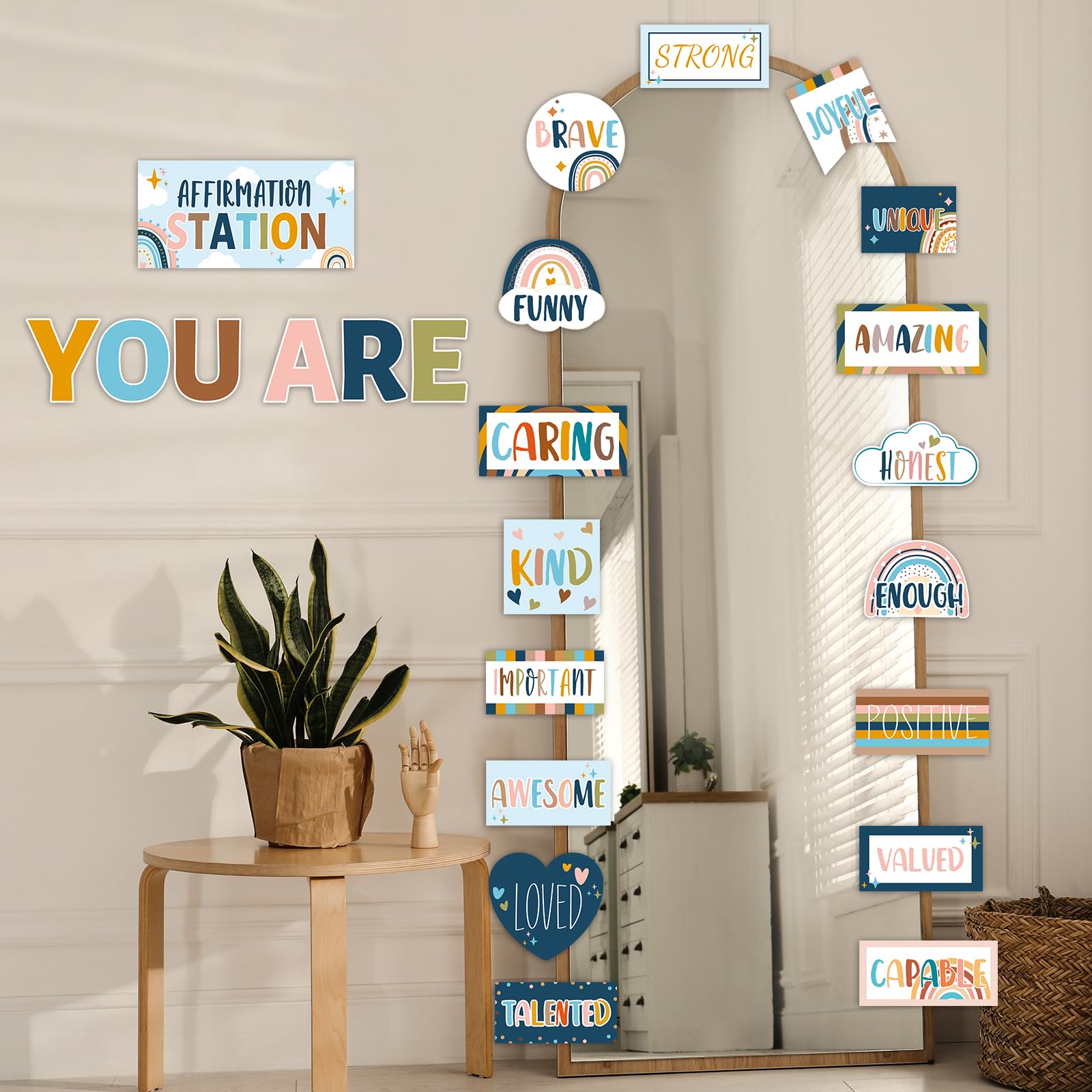 Boho Affirmation Station Bulletin Board Set Rainbow Bulletin Board for Classroom Decor Hippie Motivational Posters Positive Affirmations Accents Cutouts for Teachers School Chart Wall Supplies