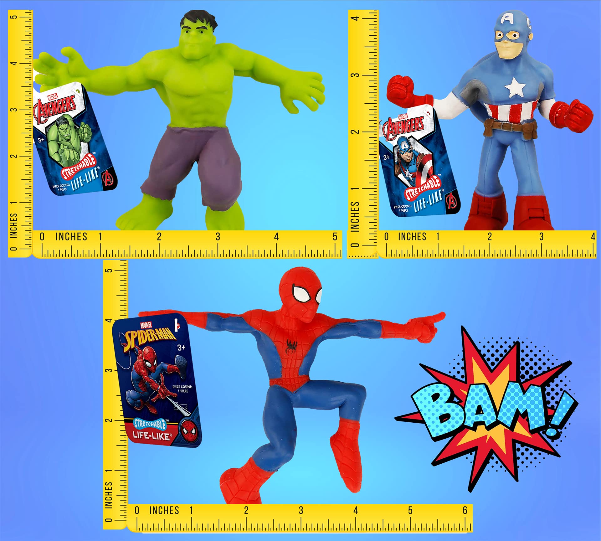 JA-RU Marvel Avengers Stretchy Toys Heroes Squish & Pull Toys (3 Units Assorted) Hulk Captain America & Spiderman Calming Fidget Toy, Stress Toys for Kids & Boys Toys DEF-6900-3