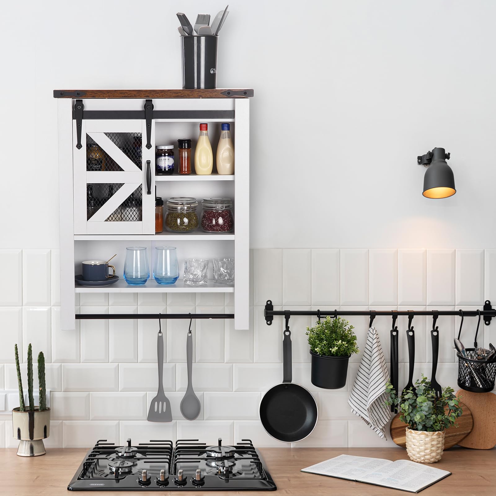 GAOMON Bathroom Organizer Cabinet, Over The Toilet Bathroom Cabinet with Towels Bar & Hooks, 3-Tier Over Toilet Cabinet with Sliding Barn Door for Bathroom Laundry Kitchen, Wall Mounted