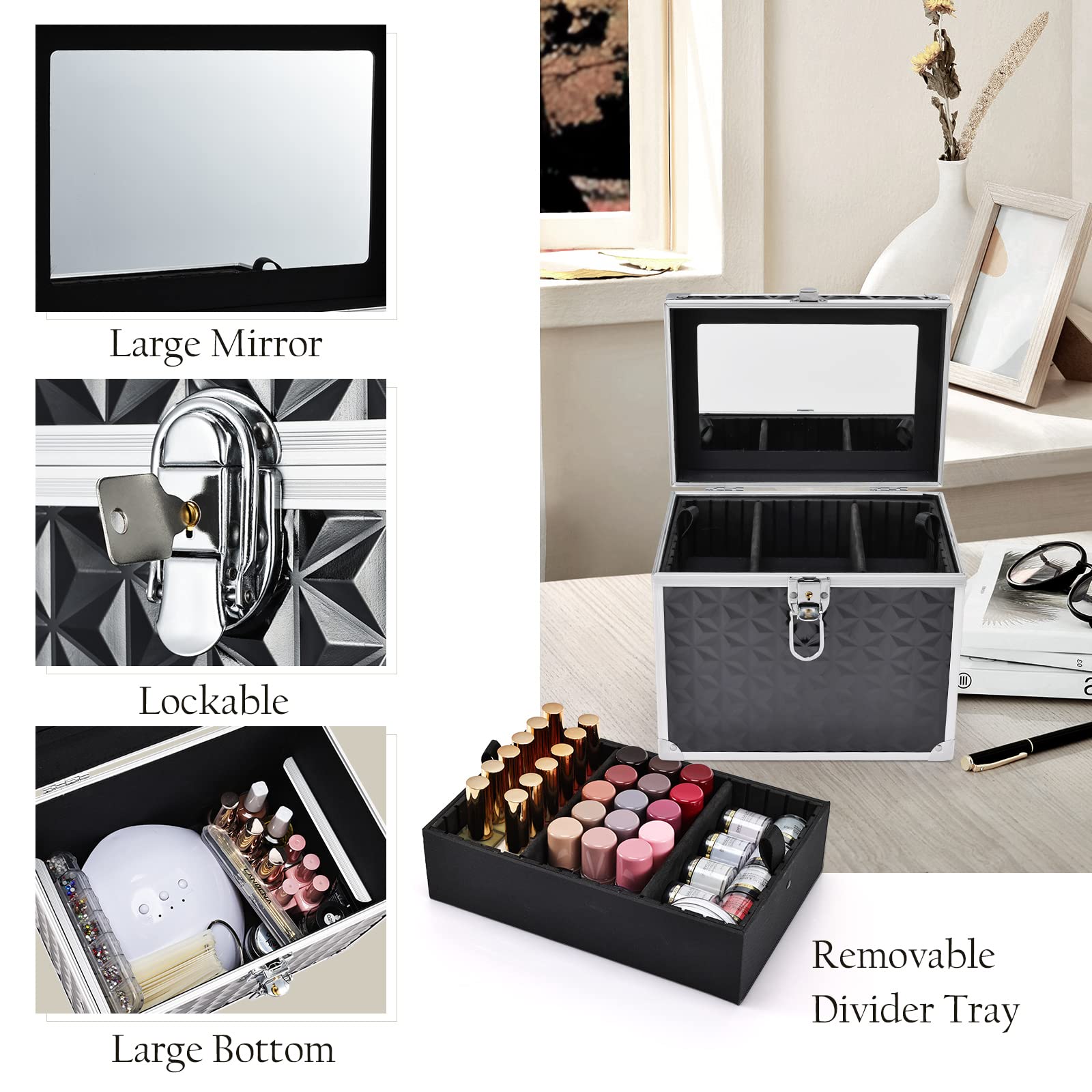 Costravio Makeup Train Case Travel Organizer Case Professional Cosmetic Storage Box with Divider Tray Mirror Portable Cosmetology Sewing Box for Makeup Artist Nail Tech Kits Crafters Train Case Black