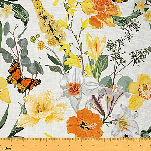 Erosebridal Peony Fabric by The Yard,Butterfly Upholstery Fabric,Watercolor Flower Indoor Outdoor Fabric,Garden Floral Leaves DIY Art Waterproof Fabric Upholstery and Home Accents,Yellow Green,1 Yard