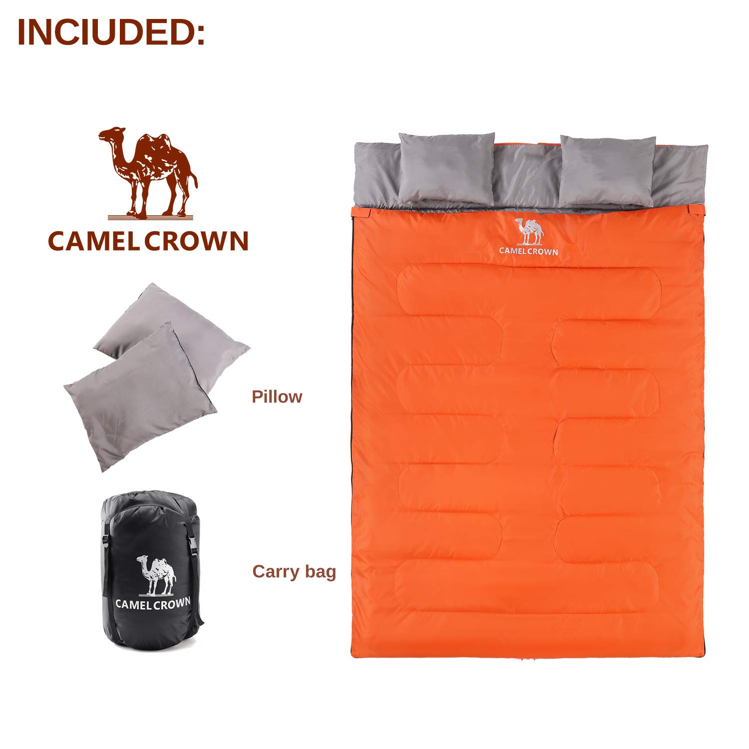 CAMEL CROWN Double Sleeping Bag - 4 Seasons Warm Cold Weather, Portable, Backpacking Hiking Camping Bag with Pillow for Camping & Adventures