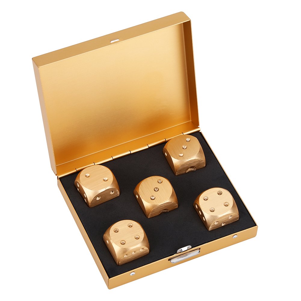Precision Aluminum Alloy Dice Solid Metal Dice Set Table Game Dice Poker Games Dices Set with Case 5pcs (Gold Square Box) Black and Gold dice