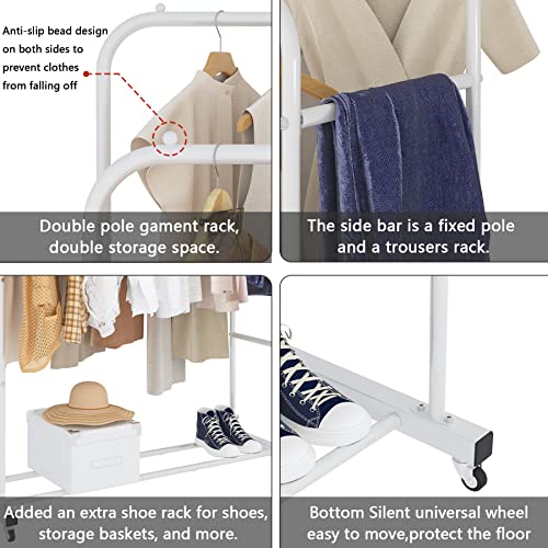 Laiensia Double Rod Garment Rack,Portable Rolling Clothes rack on Wheels,for Hanging Clothes,White