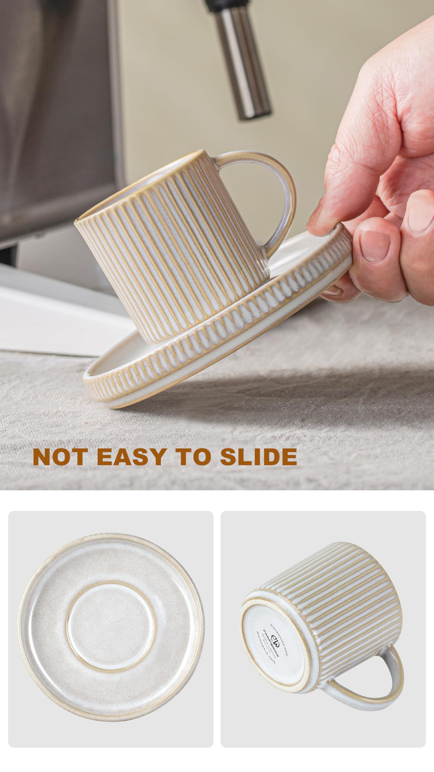famiware Star Espresso Cups and Saucers Set of 4, [ Mini ] 3 oz Ceramic Small Coffee Mug with Handle, Ribbed Stoneware Demitasse Cup for Tea, Latte - Microwave & Dishwasher Safe - Cappuccino White