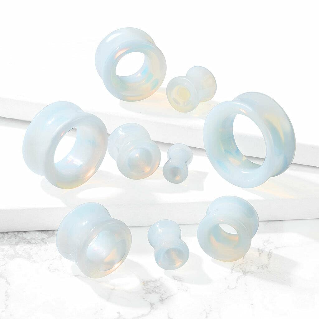 blue palm jewelry Pair of Double Flare Hollow Tunnel Opalite Saddle Ear Plugs E585