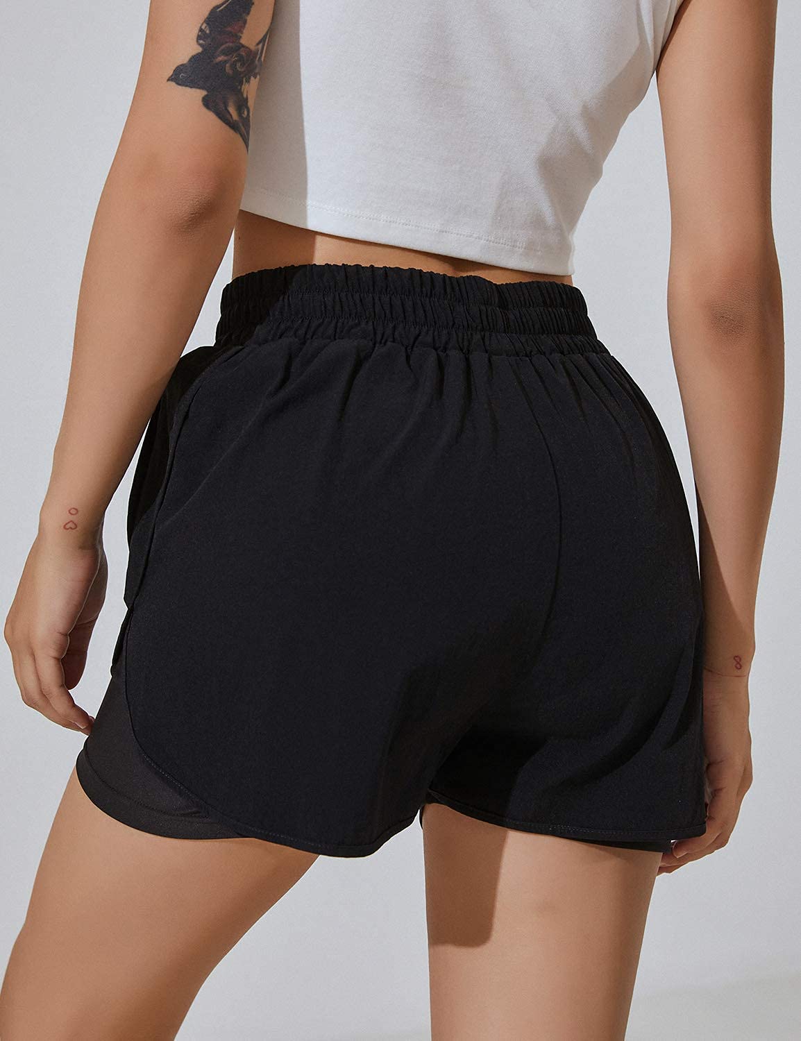 BMJL Women's Running Shorts Elastic Waistband High Waisted Short Pocket Sporty Workout Short Gym Athletic Shorts Pant (M, Black)