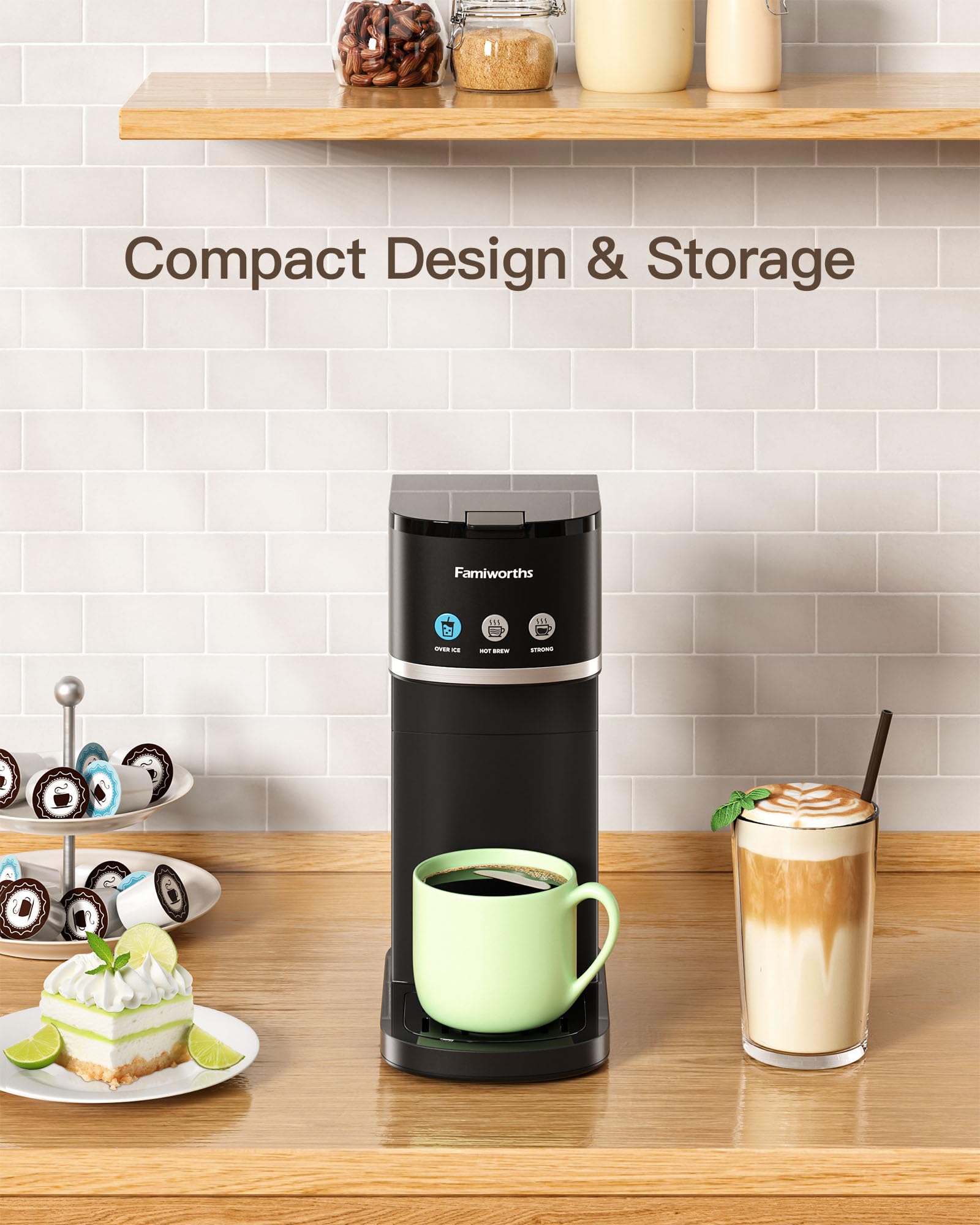 Famiworths Single Serve Coffee Maker, Iced and Hot Coffee Machine for K Cup & Ground Coffee, 6 to 16 Oz Brew Sizes, Fit 8.5" Travel Mug, Capsule Coffee Machine with Descaling Reminder, Blue