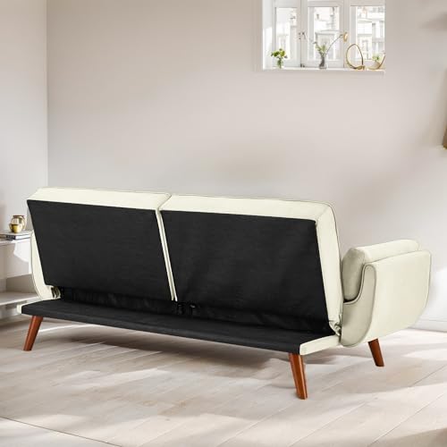 Fangflower Convertible Sofa Bed, Velvet Fabric Adjustable Backrest Sleeper Futon Loveseat with Tapered Wood Legs for Living Room, Bedroom, Apartment Lounge, Garage