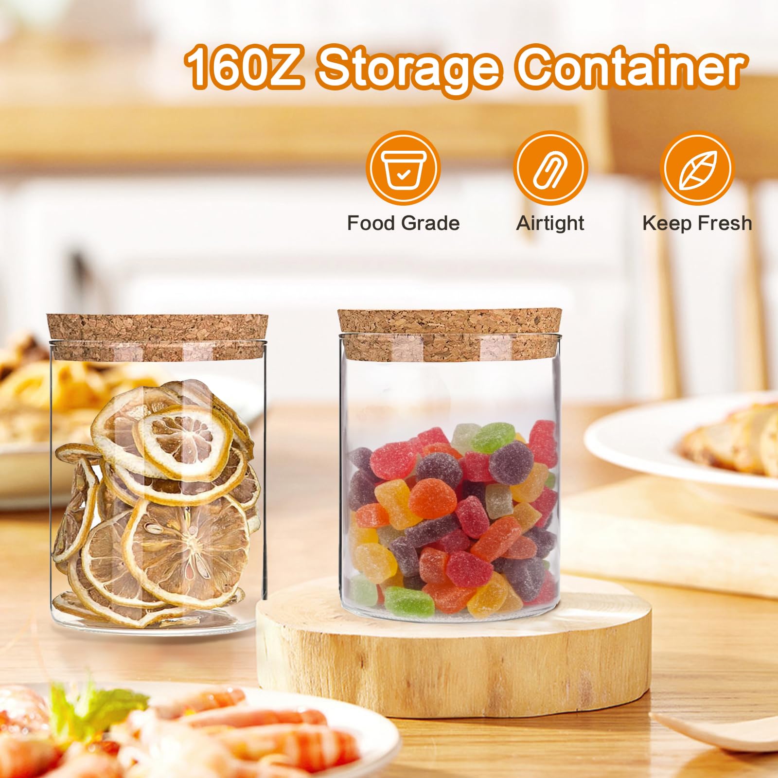 DNIENKGE Airtight Glass Storage Containers with cork Lid, for Kitchen Pantry Organization and Storage jar,Ideal for Coffee Beans Snacks Flour Cereal Sugar Tea 16oz. (Circular 3.9 * 3.3in*2pcs)