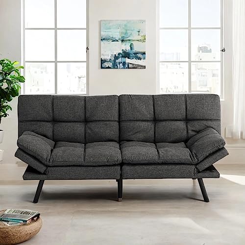 Fangflower Futon Sofa Bed, Fabric Memory Foam Couch, Foldable Convertible Sleeper Loveseat, Daybed for Living Room, Dark Grey