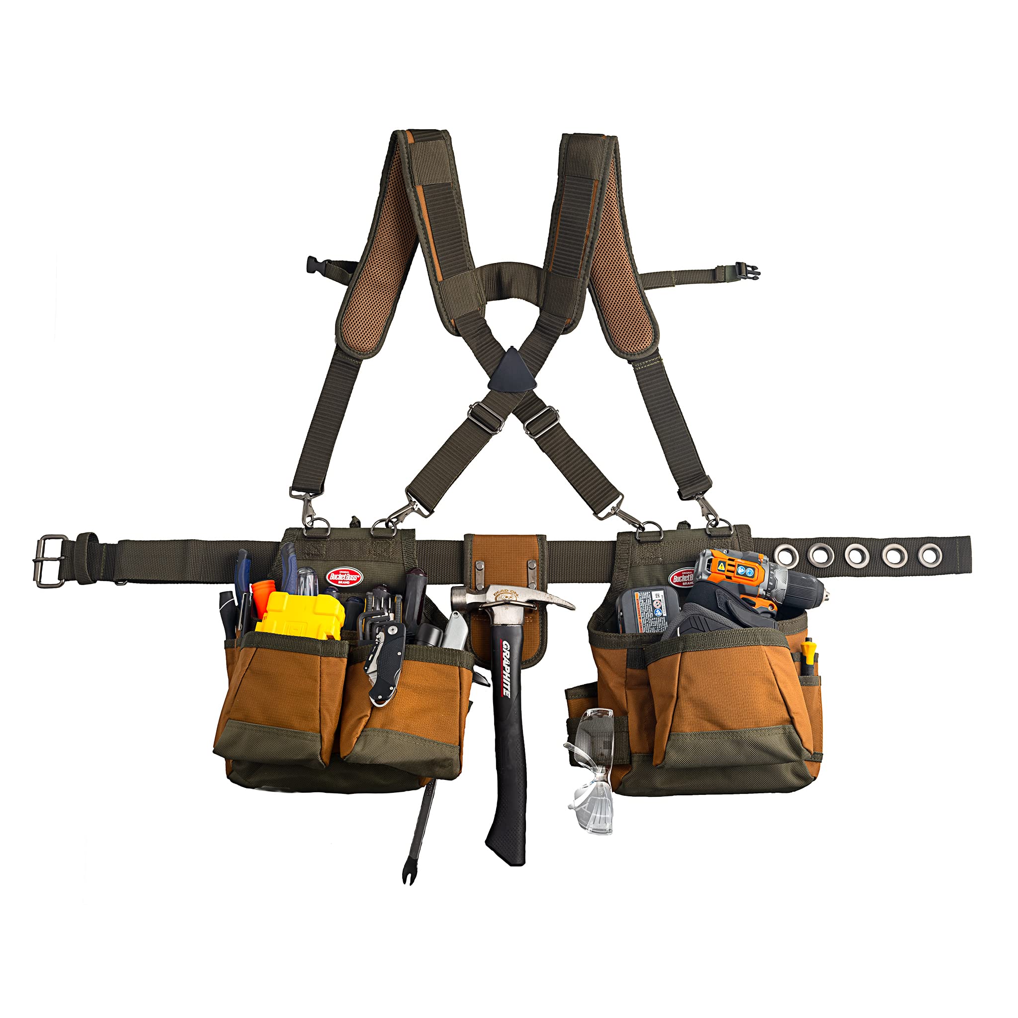 Bucket Boss - AirLift Tool Belt with Suspenders, Tool Belts - Original Series (50100) , Brown , 52 Inch & Spec Ops - SPEC-M22CF Tools Framing Hammer, 22 oz, Rip Claw, Milled Face, Shock-Absorbing Grip