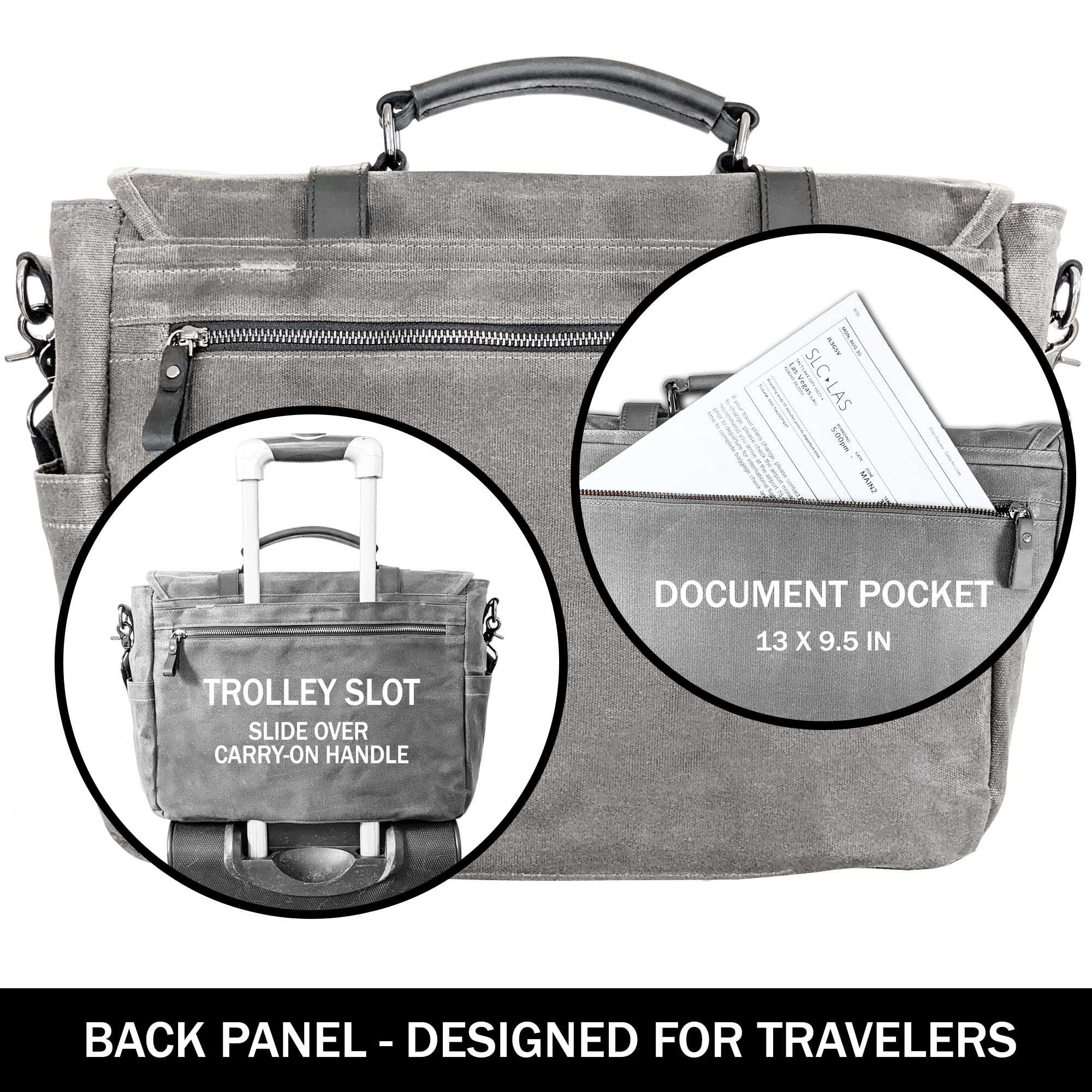 Canvas Messenger Bag for Men, Laptop Case, Satchel | Office Professionals, Travel | Waxed Canvas, Genuine Leather, Smoked Metal Hardware | Trolley Sleeve